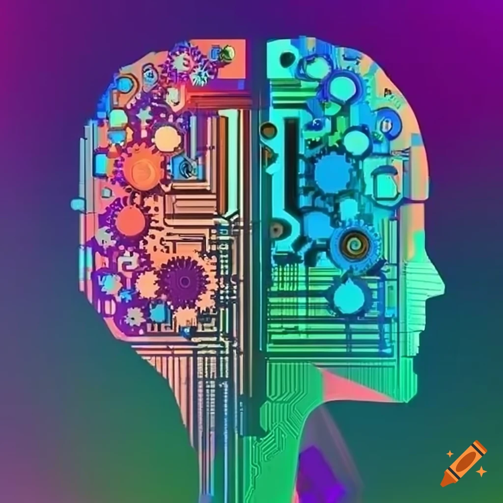 Stylized brain with circuit board pattern and gears on Craiyon