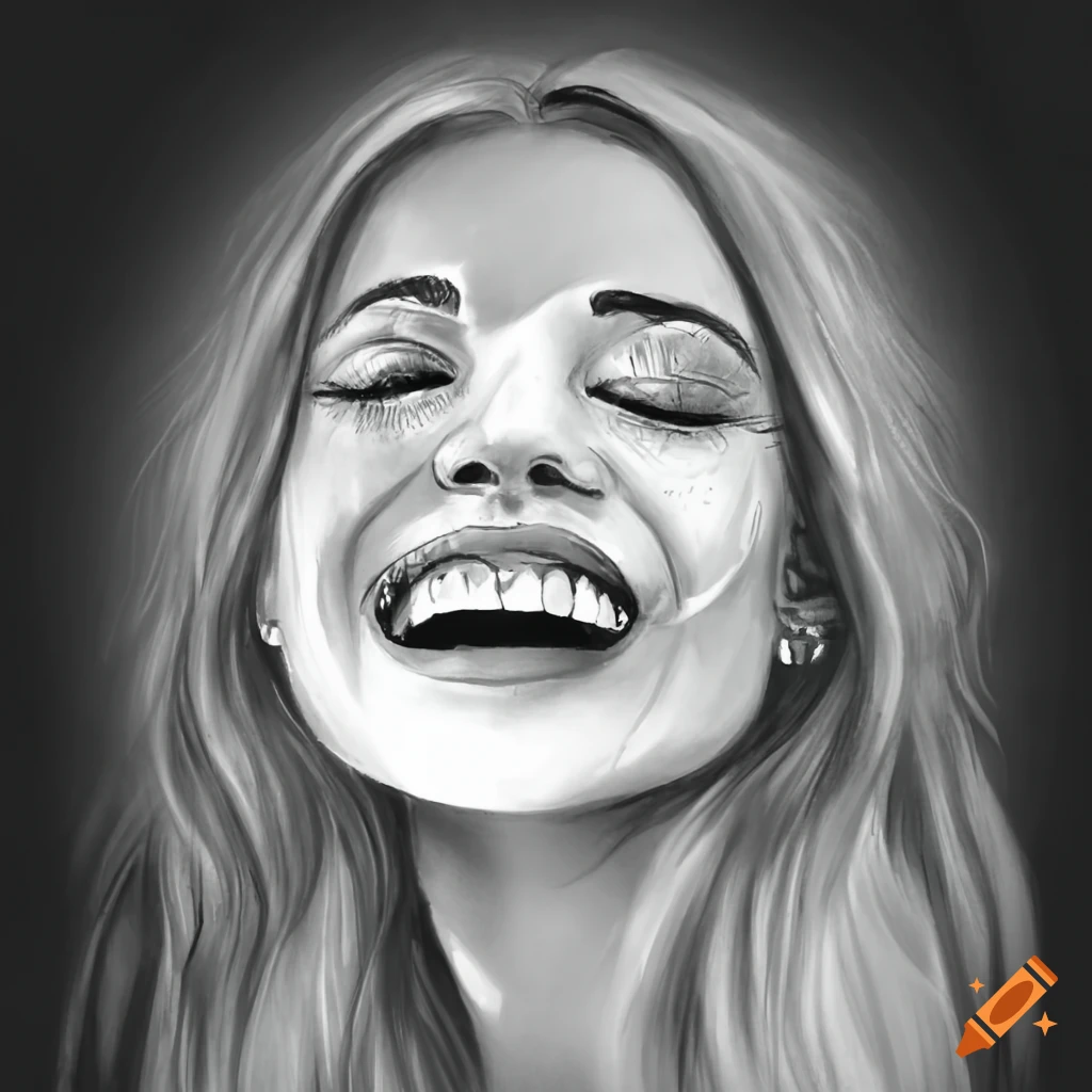 Detailed pencil sketch of a young woman smiling and crying on Craiyon