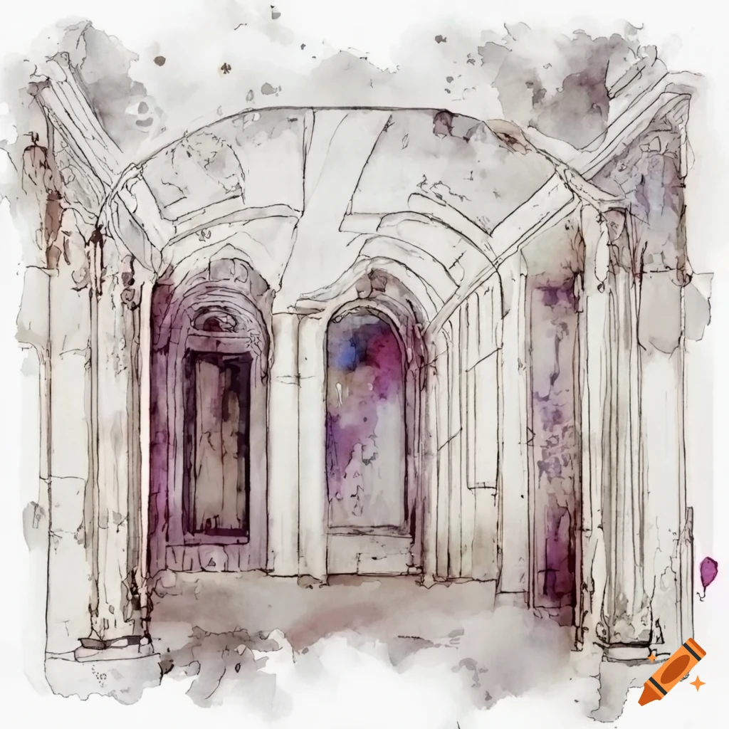 Watercolor of a dark and gloomy white room with multiple passages on ...