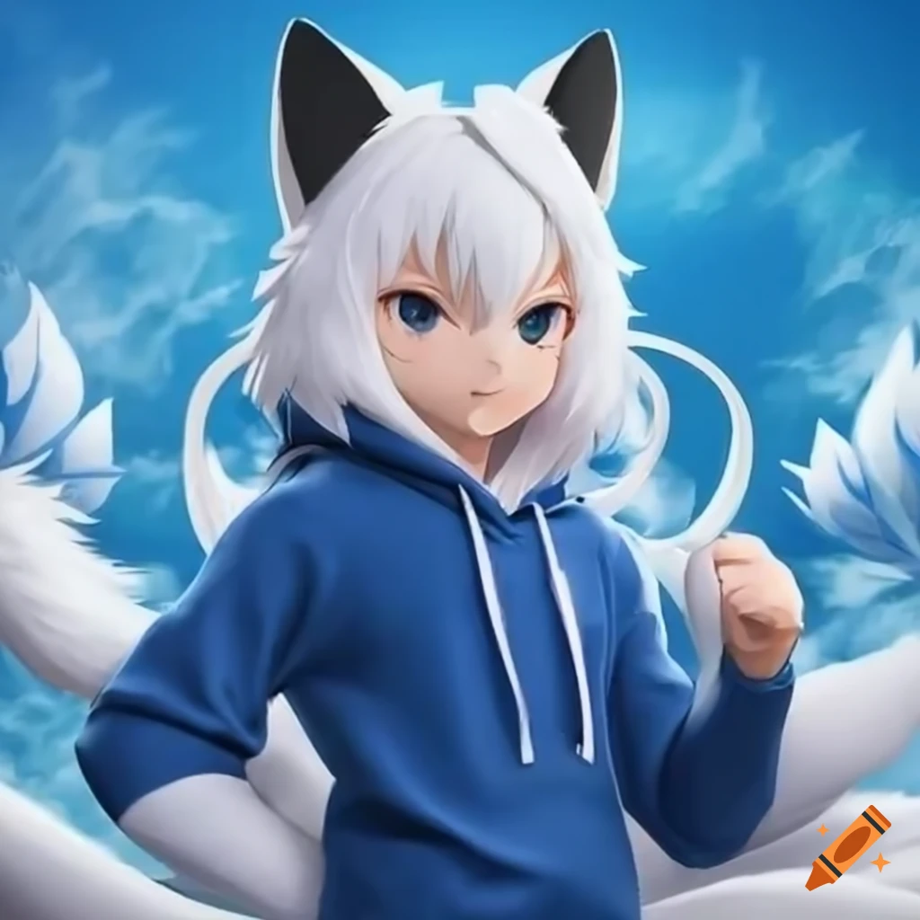 Art of a male white kemono kitsune with blue accents on Craiyon