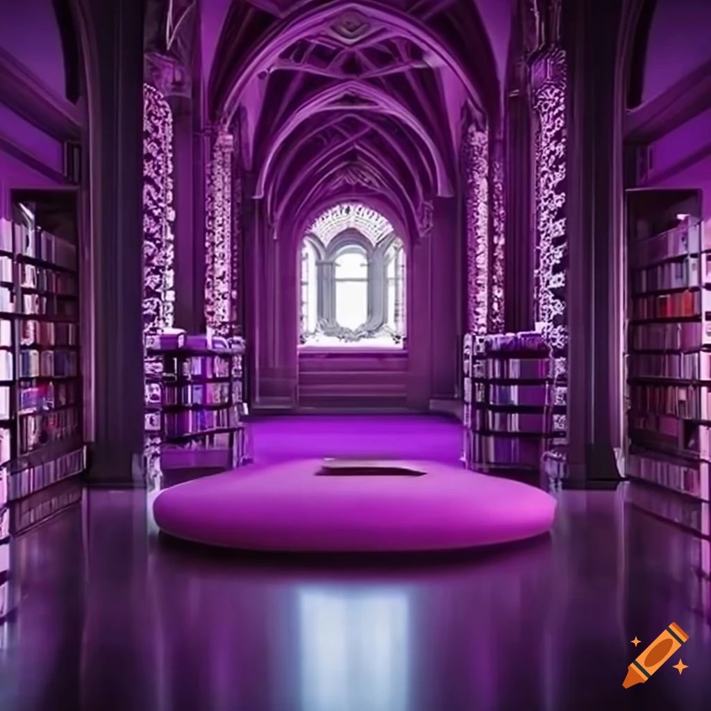 Purple-themed library with endless bookshelves on Craiyon