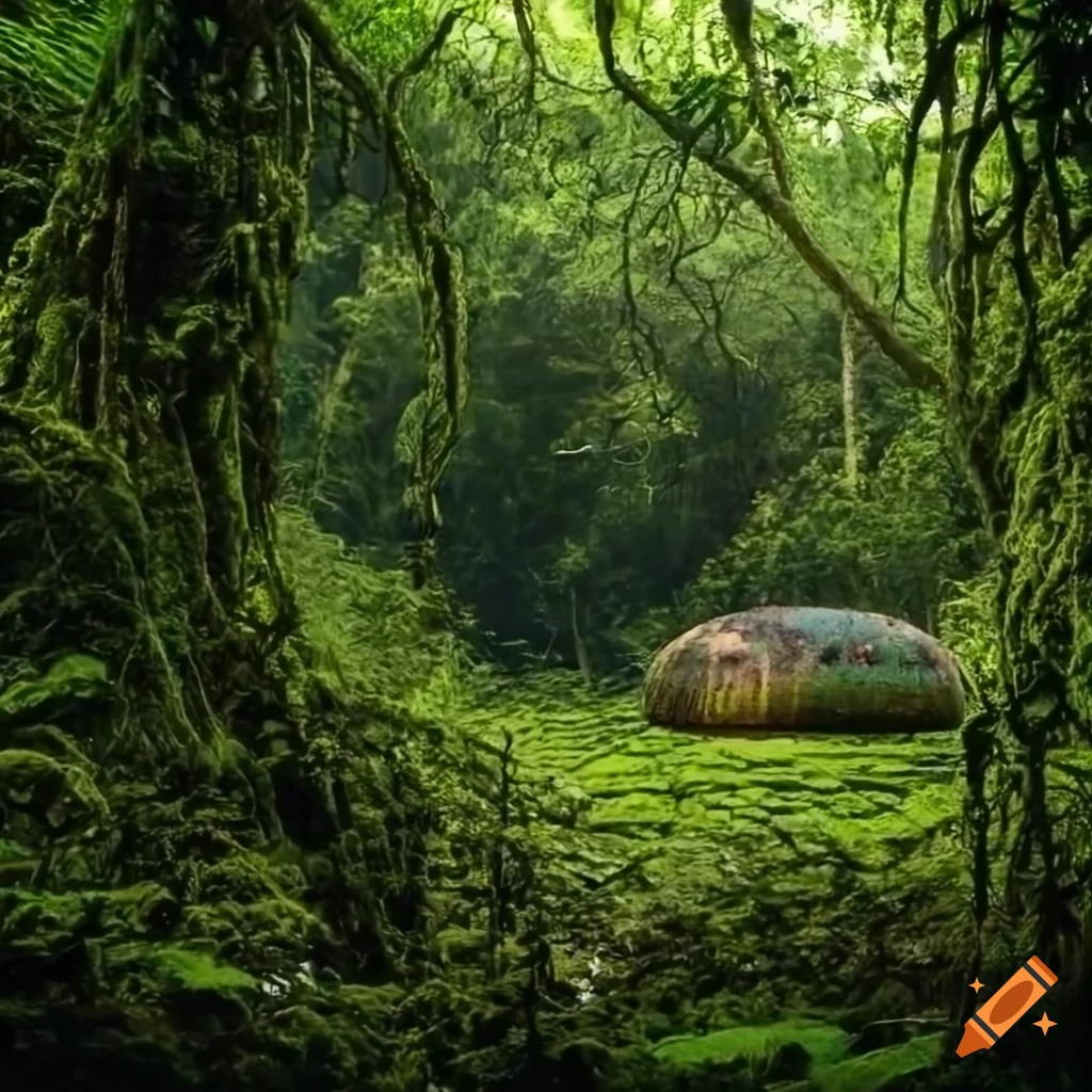 An abandoned spaceship in a lush jungle on Craiyon