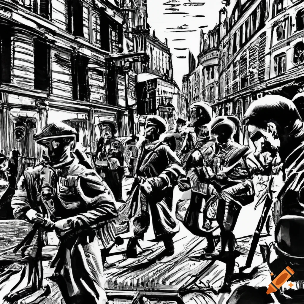 Comic book art of 1940 Paris occupied by German soldiers on Craiyon