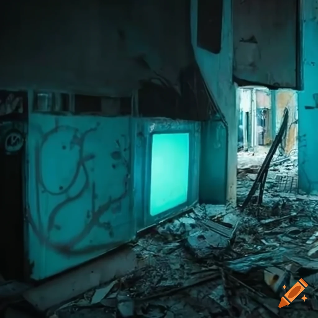 Cyan light emitting from a tv in an alley on Craiyon