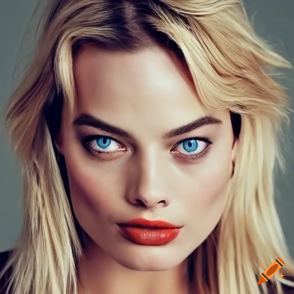 Portrait of Margot Robbie with blond hair and blue eyes on Craiyon