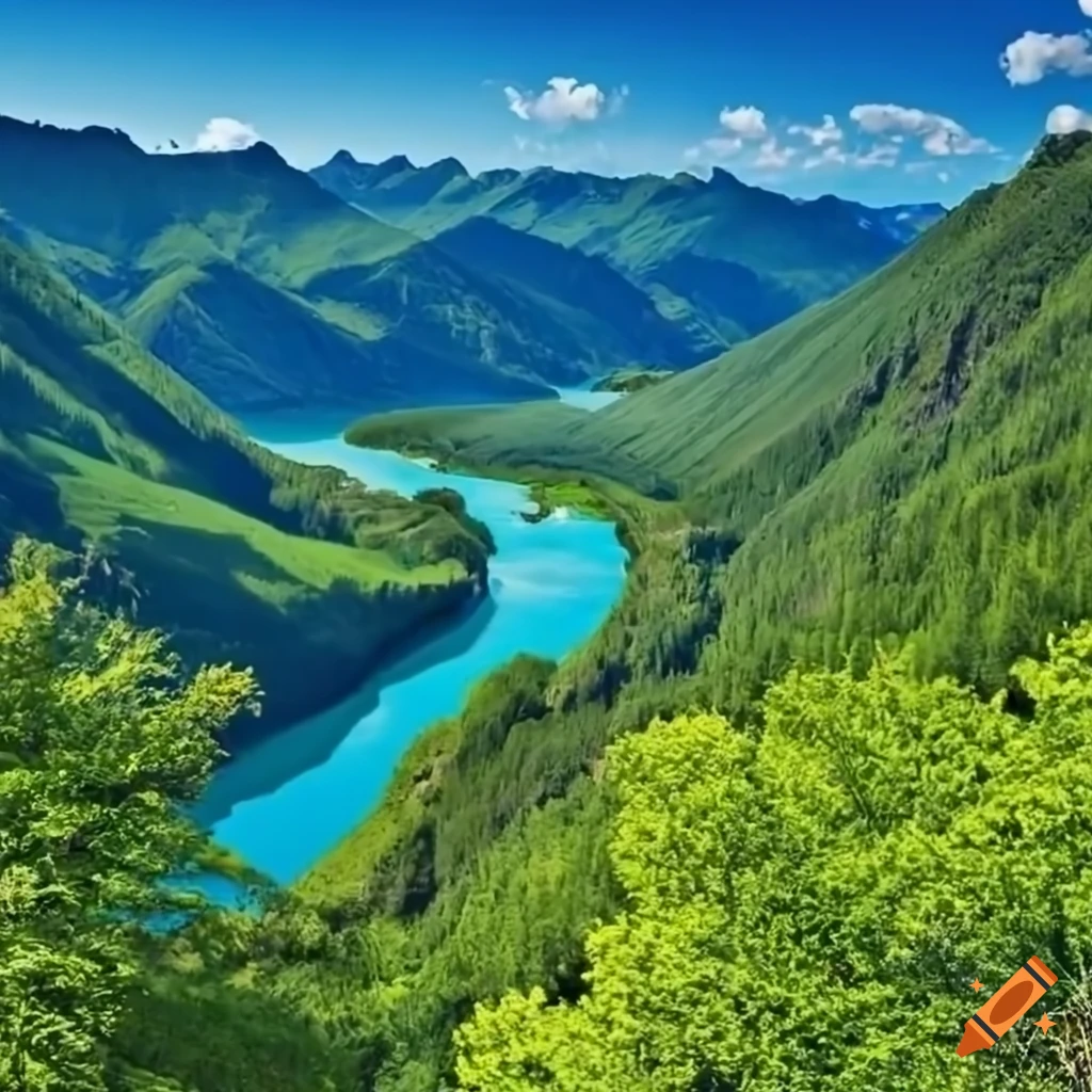 Blue river flowing through a lush green valley on Craiyon