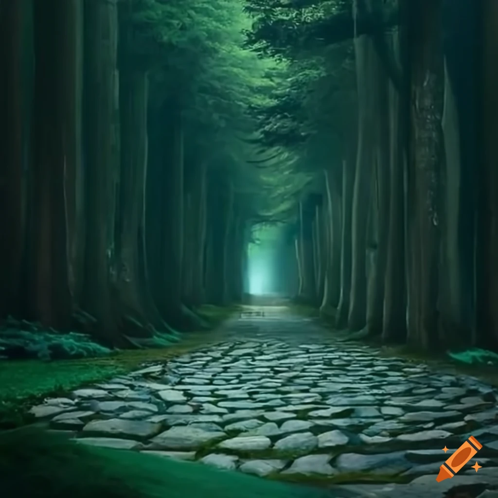 Pathway through a magical forest leading to a mysterious temple on Craiyon