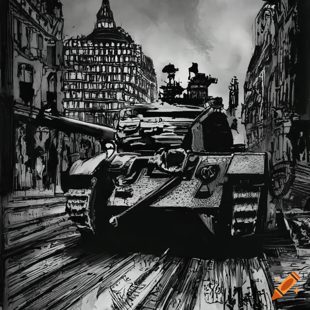Comic book art of paris in 1940 with a german tank