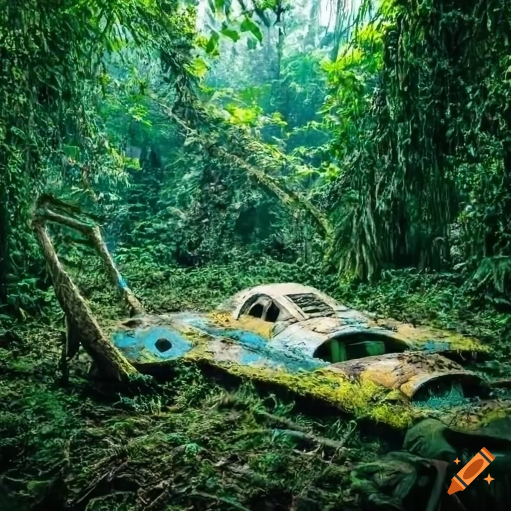 Jungle with abandoned rusted spaceship and aztec ruins on Craiyon