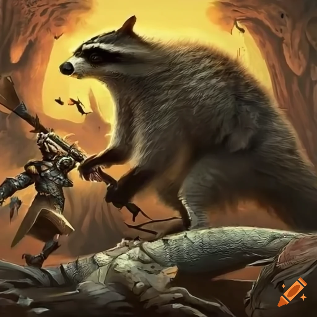 Artistic depiction of a raccoon warrior fighting a dragon on Craiyon