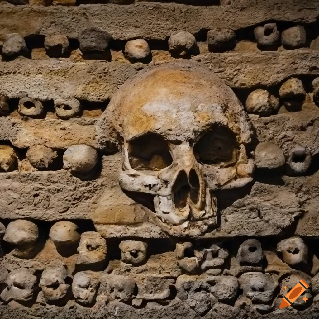 Carved skull on ancient stone wall