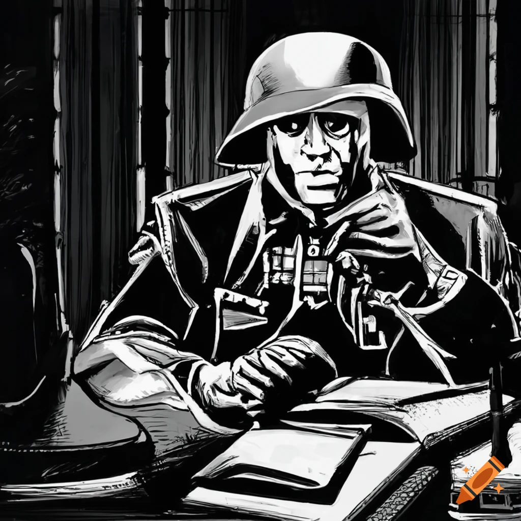 Comic book art of a german soldier in a courtroom on Craiyon