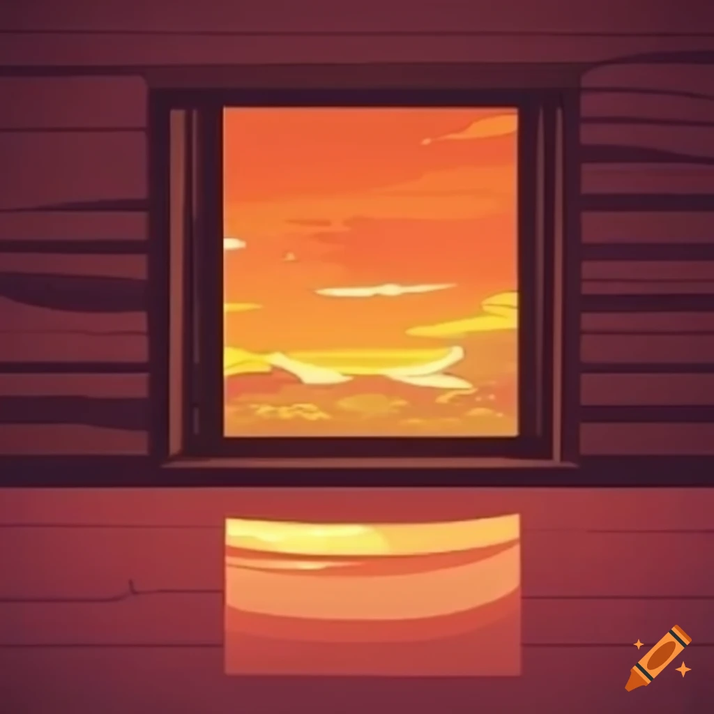Anime-style sunset seen through a wooden window