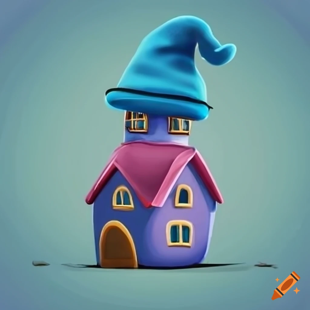 Cartoon house with a blue hat on Craiyon