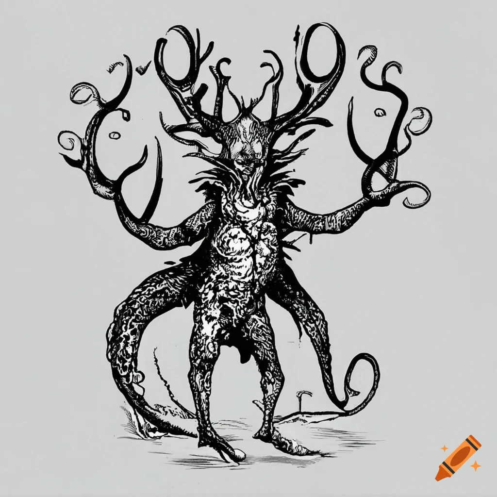 Detailed black and white etching of a Lovecraftian stag monster on Craiyon