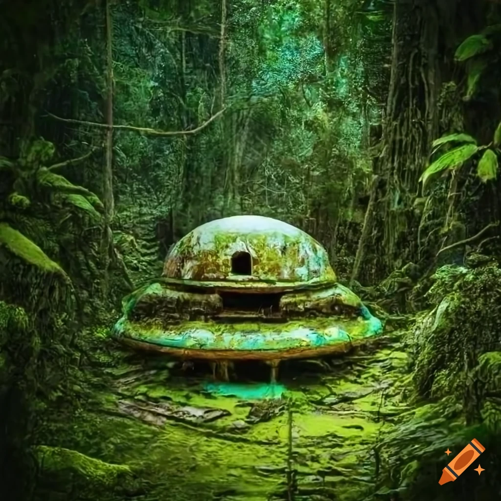 Abandoned spaceship in a moss-covered jungle on Craiyon