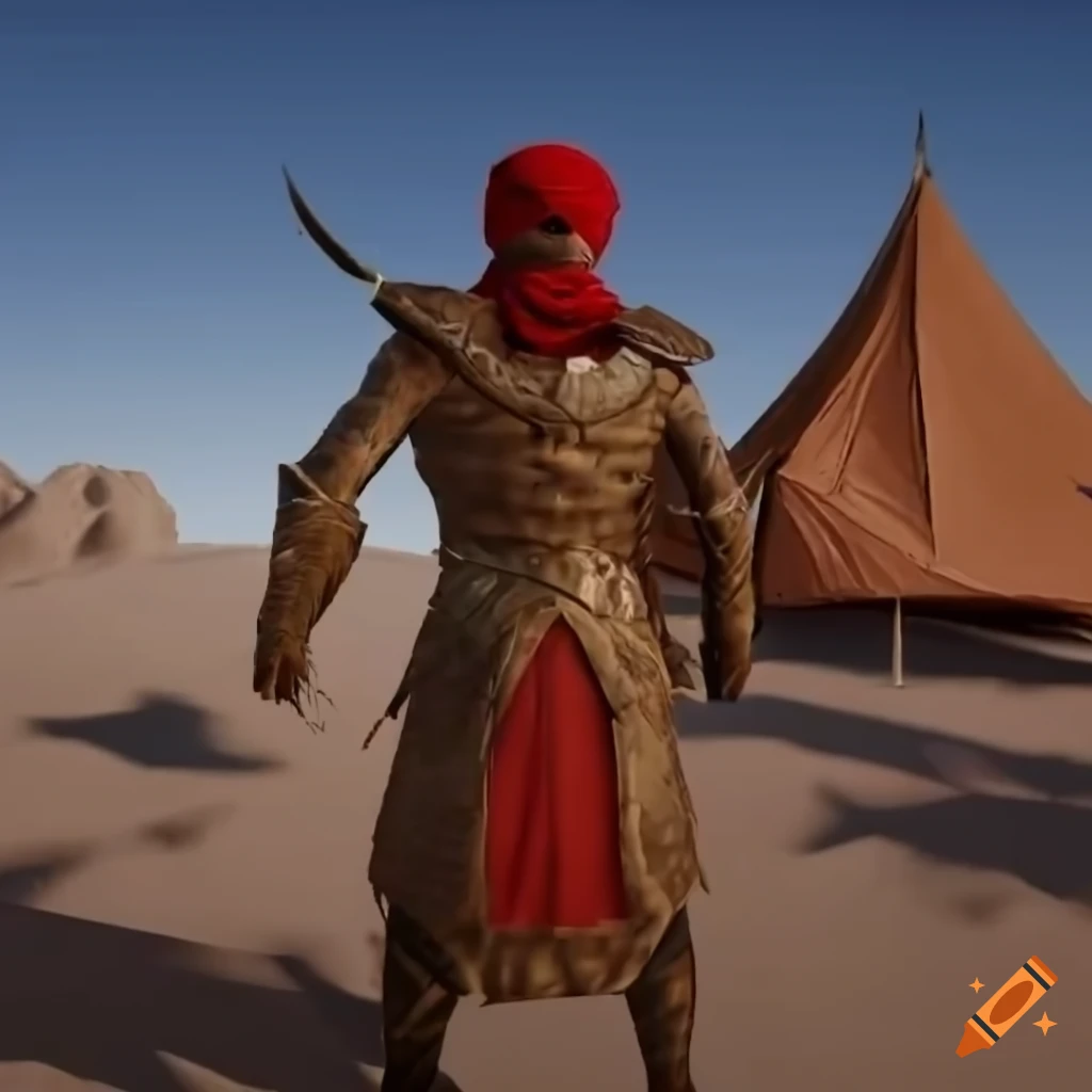 Illustration of a pale-skinned elf warrior in a desert on Craiyon