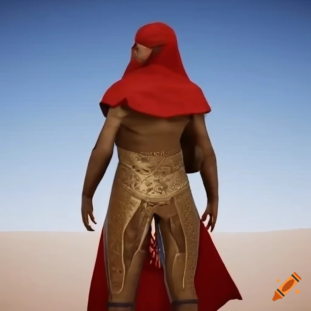 Render of a red-haired elf warrior with a turban hat in a desert on Craiyon