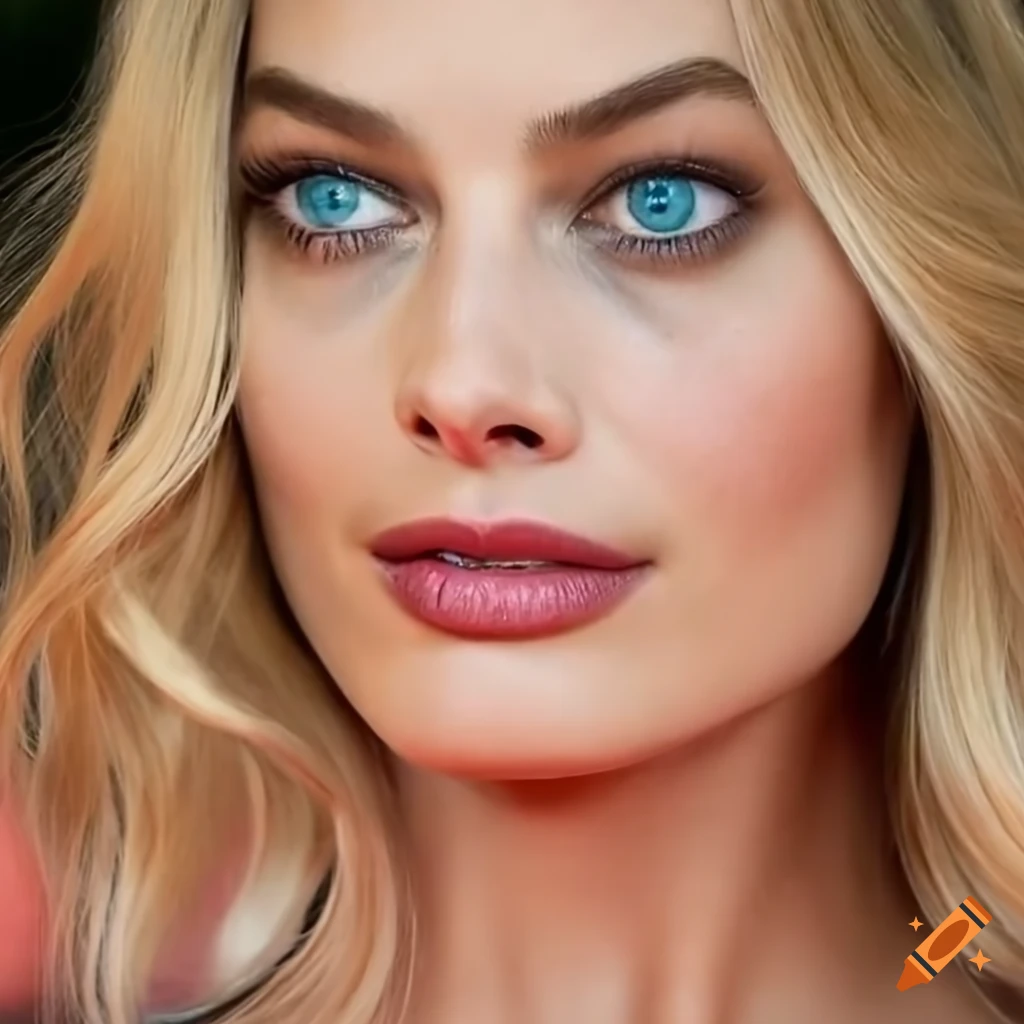 Close-up portrait of Margot Robbie with striking features on Craiyon