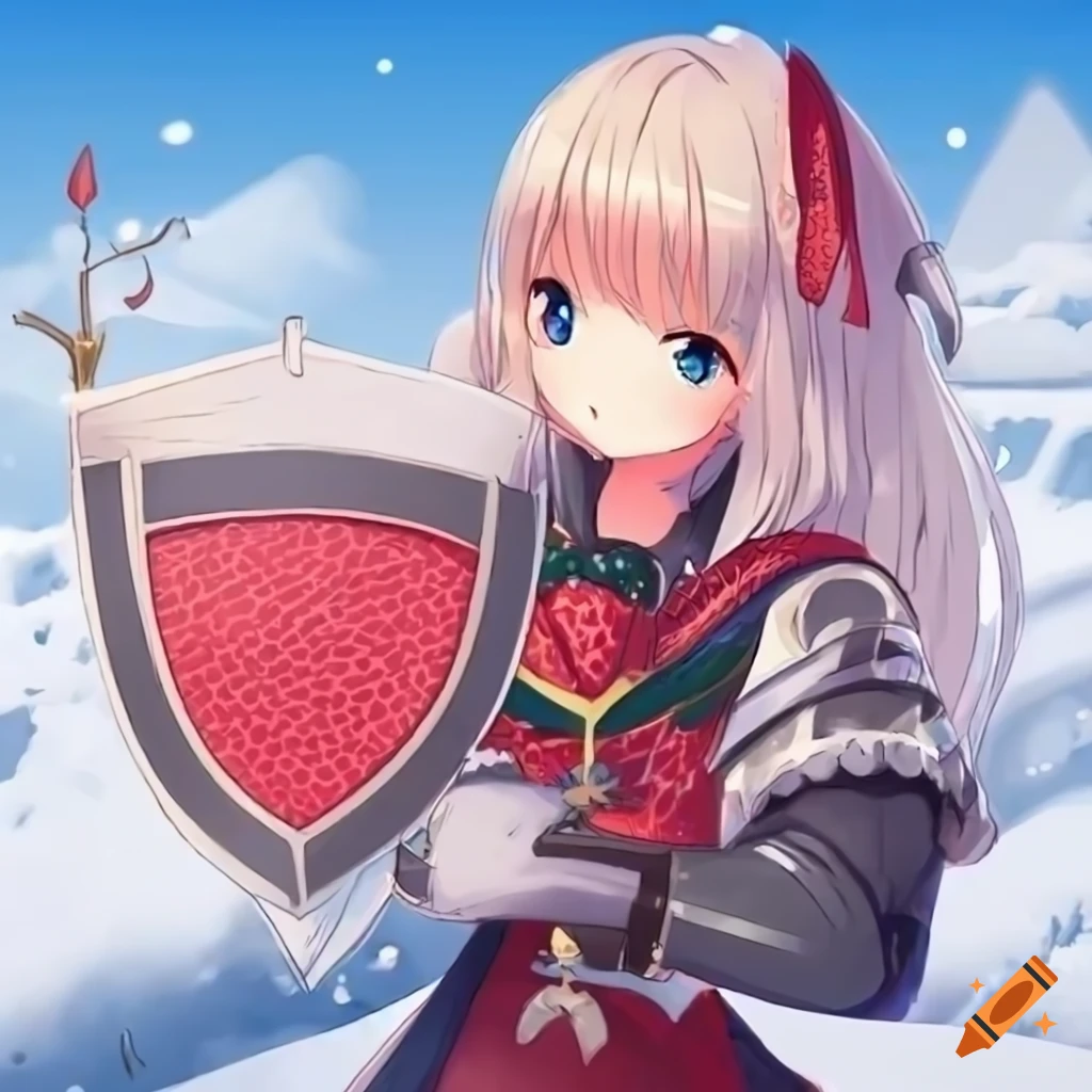 Cute anime girl knight with a strawberry shield in a snowy valley on ...