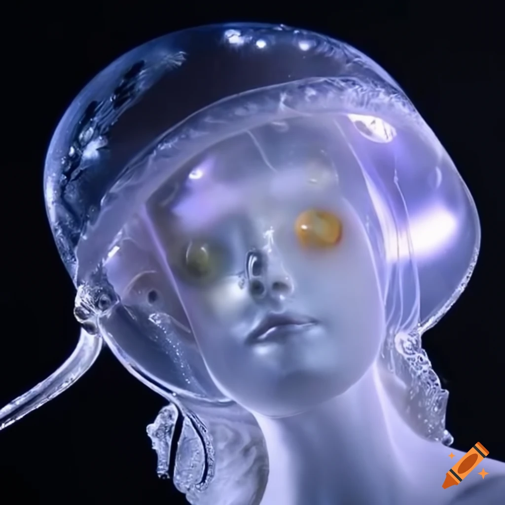 Sculpture of a silver angel with a jellyfish helmet and laser eyes on ...