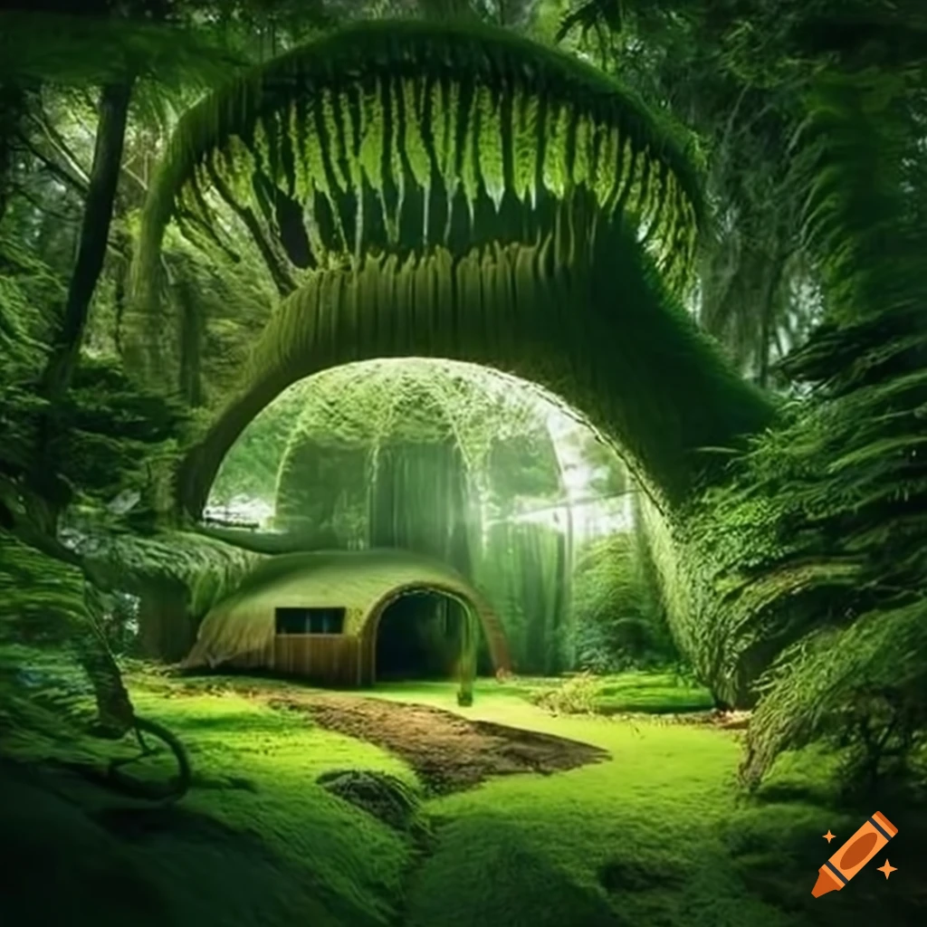 Biomorphic house surrounded by giant ferns on Craiyon