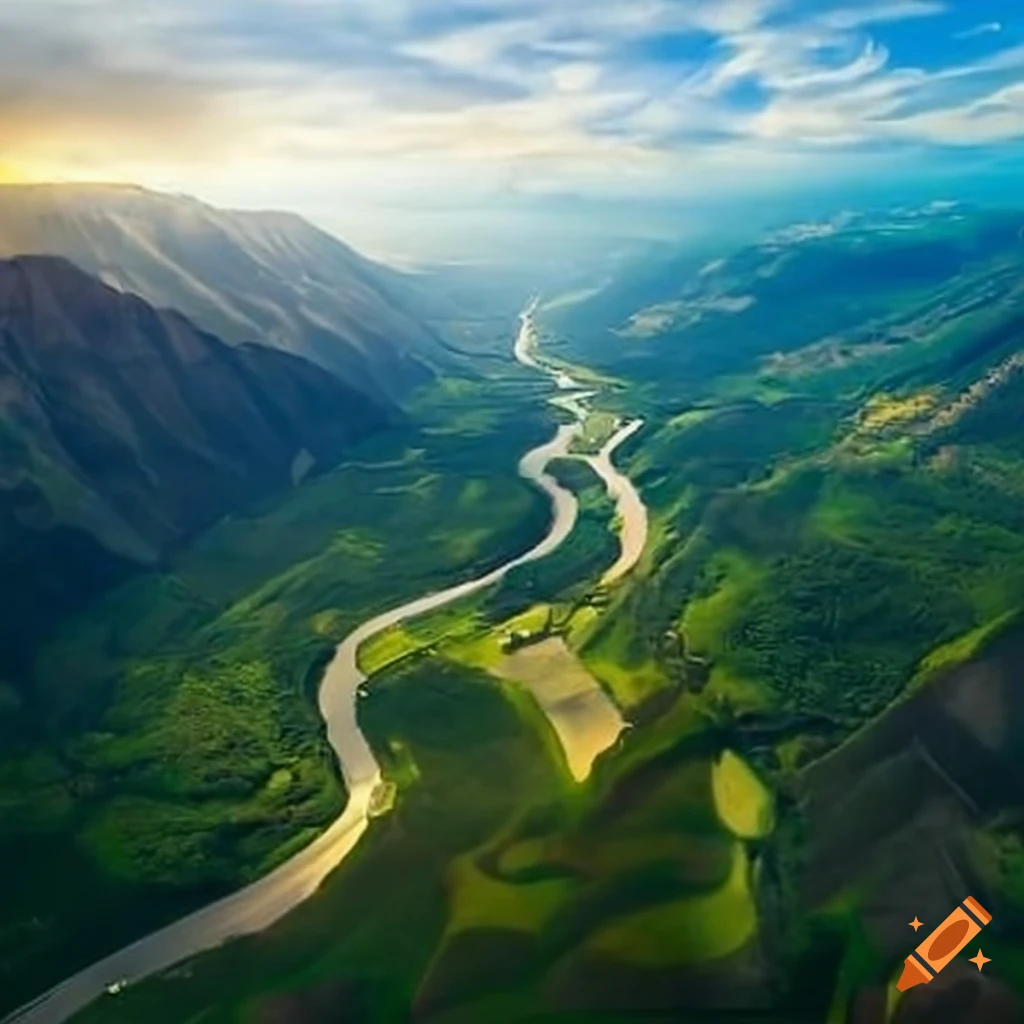 Aerial view of a river valley on Craiyon