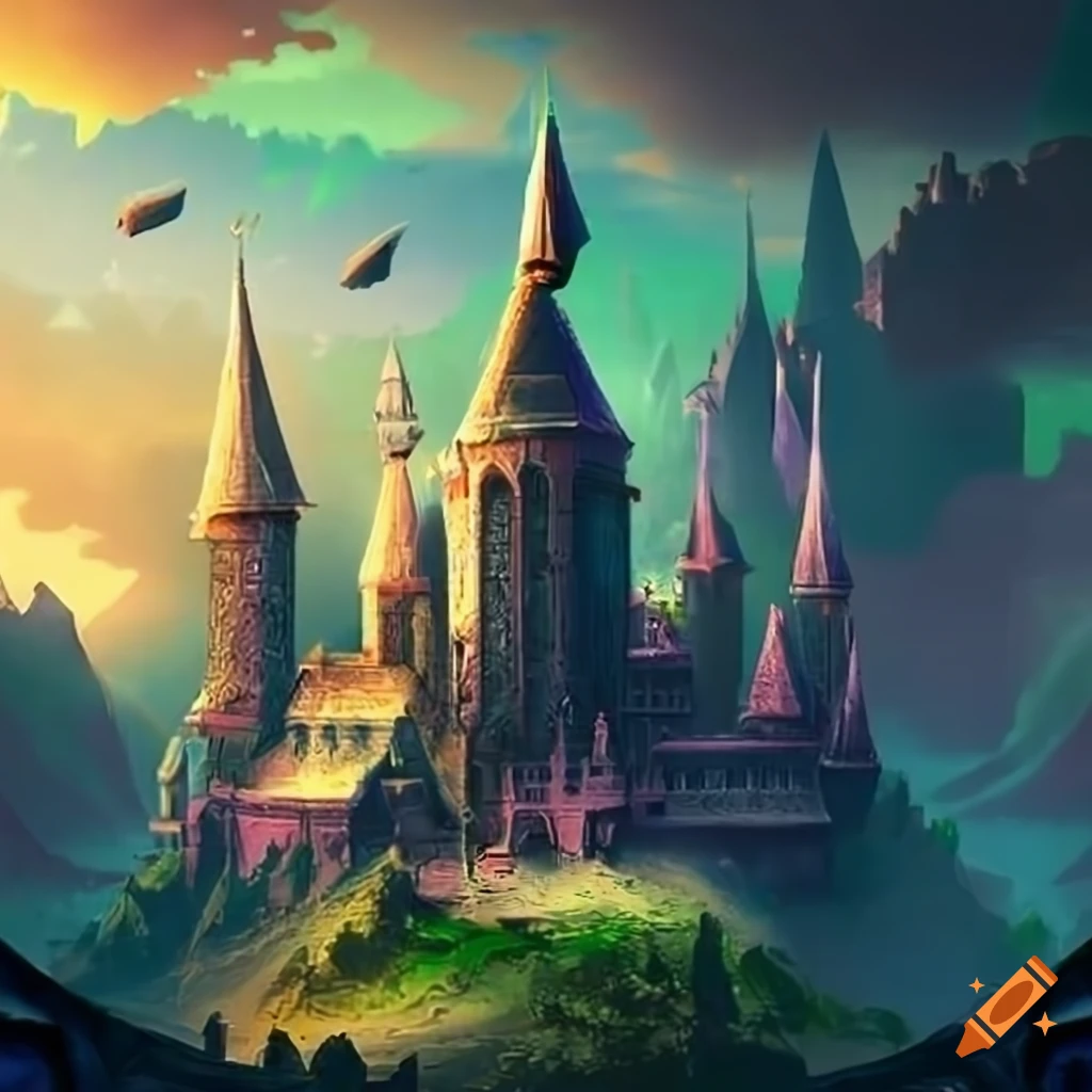 Cartoon depiction of a beautiful fantasy city on Craiyon