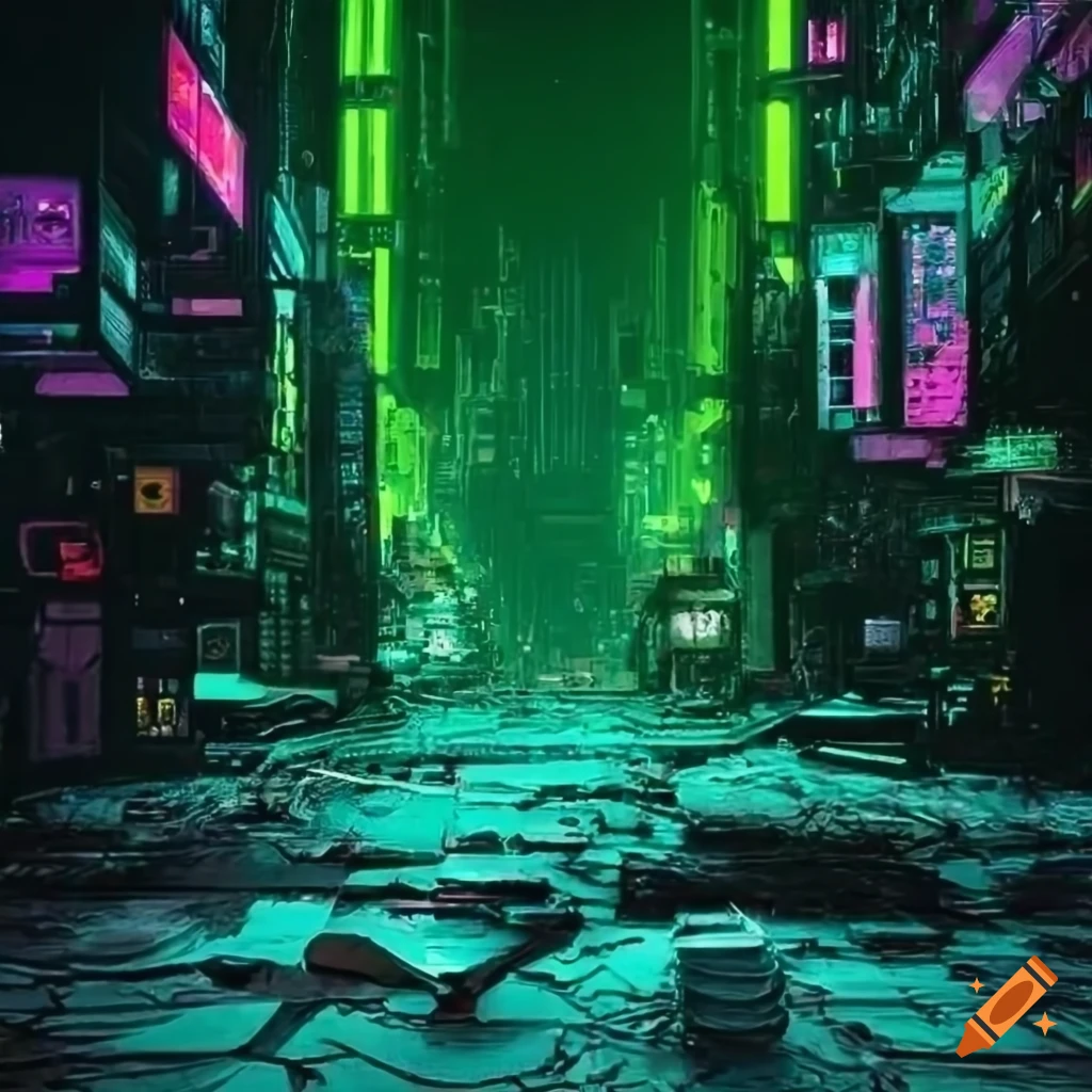 Cyberpunk cityscape with broken monitors and electrical components on ...