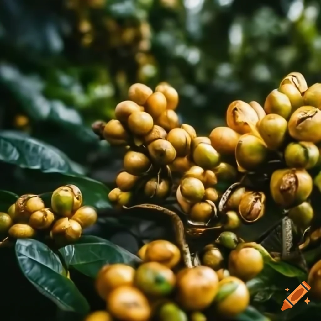 Coffee trees with golden beans in cinematic lighting on Craiyon