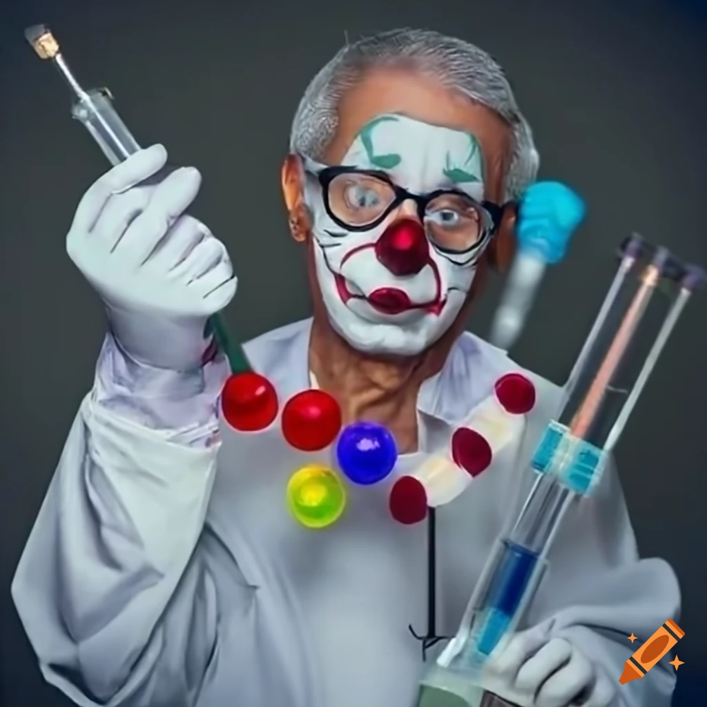 Satirical image of a clown scientist with test tubes on Craiyon