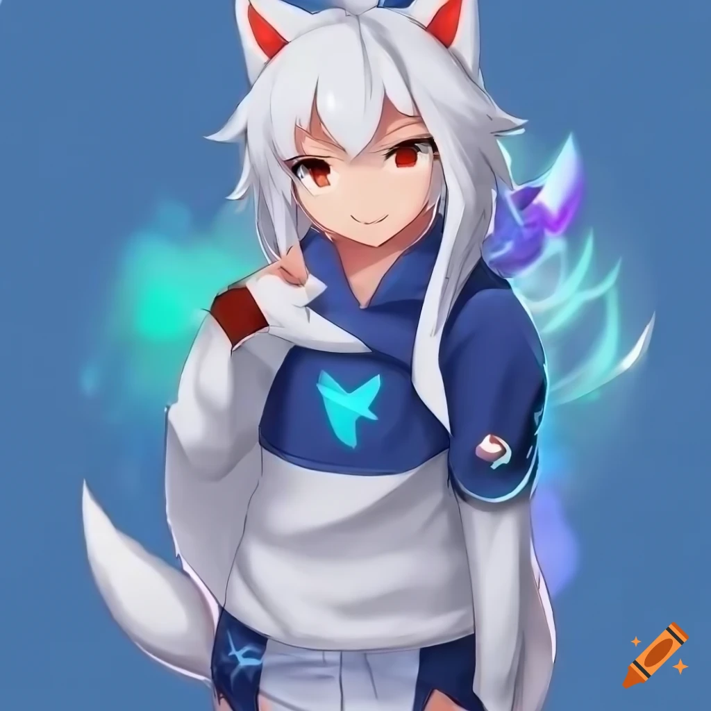 Art of a white kemono kitsune with blue accents on Craiyon