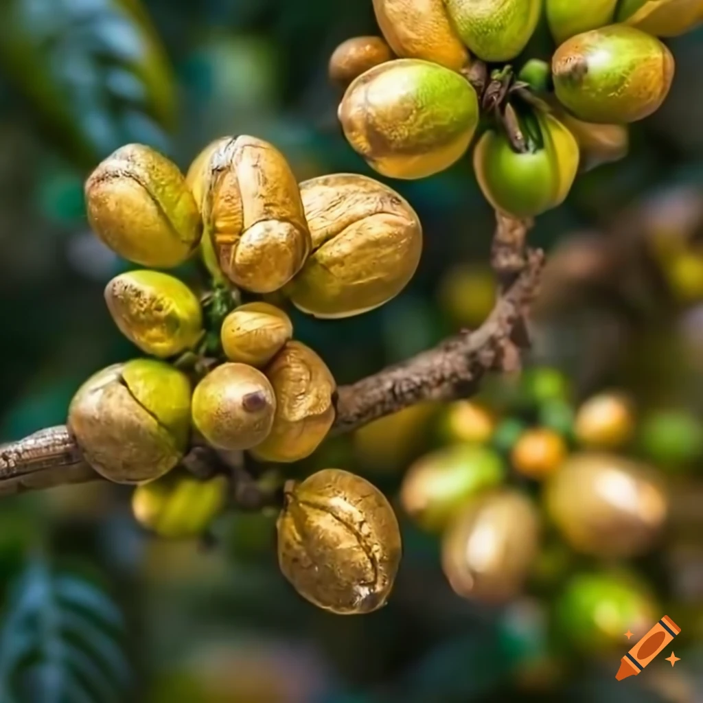 Coffee trees with golden beans in cinematic lighting on Craiyon