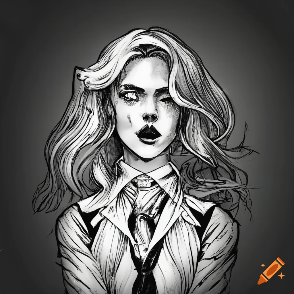 Black and white comic book art of a blond woman with long hair