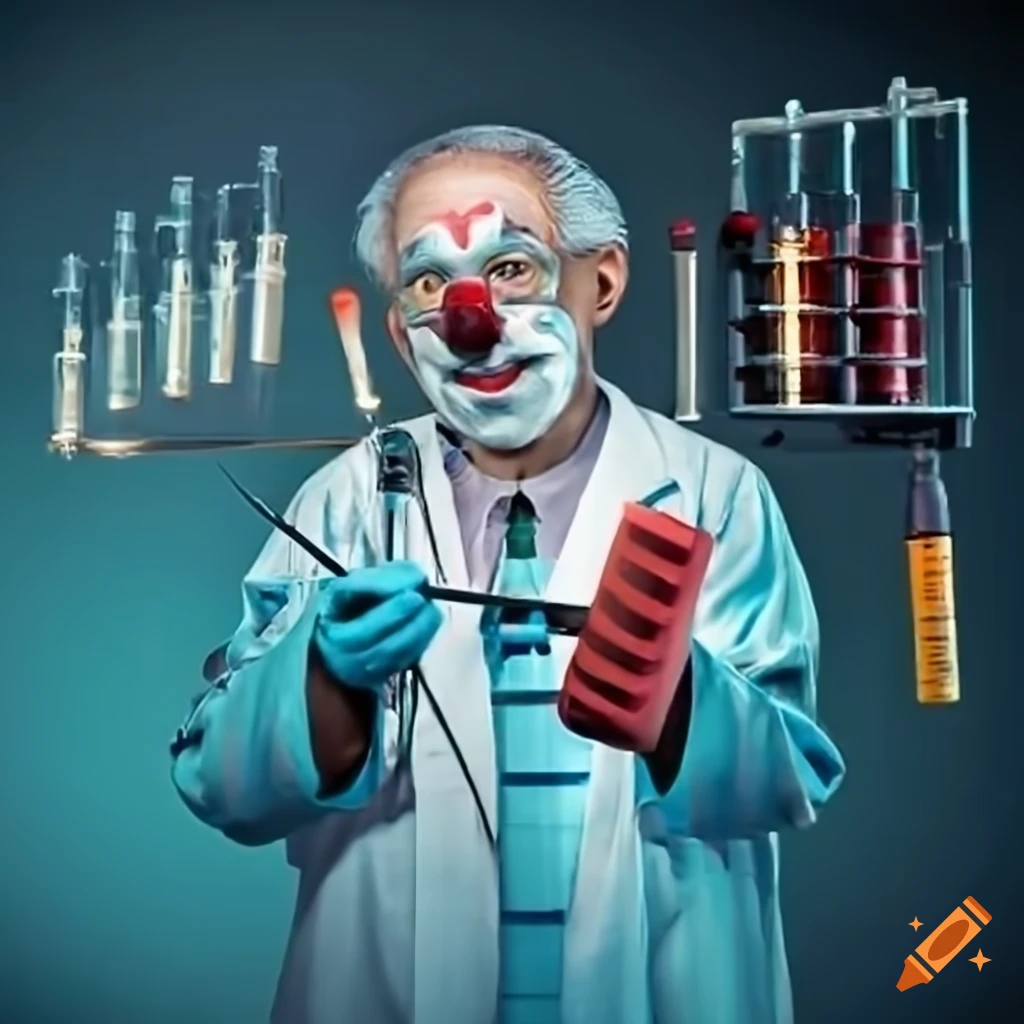 Satirical image of a clown scientist experimenting in a lab on Craiyon