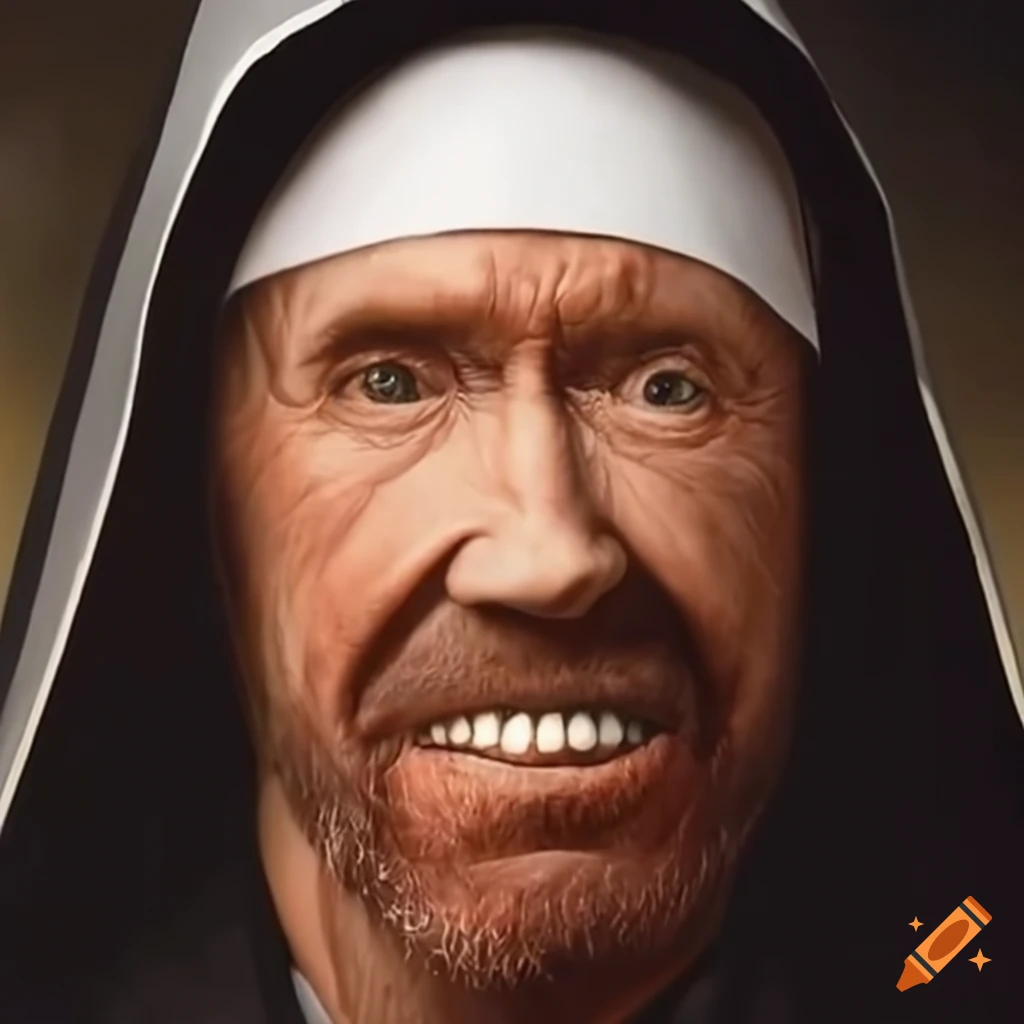 Hyper-realistic portrayal of Chuck Norris dressed as a nun on Craiyon