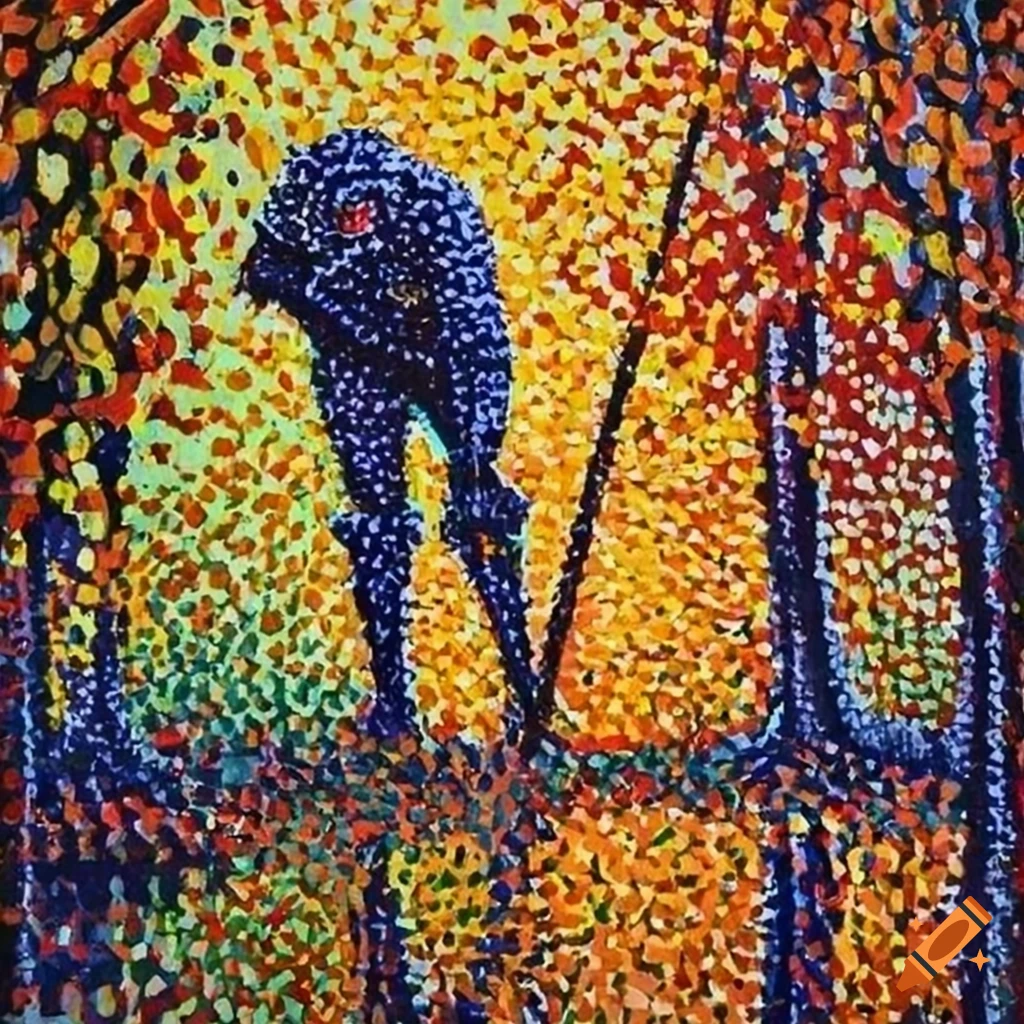 Field of raspberry bushes in pointillism style painting on Craiyon