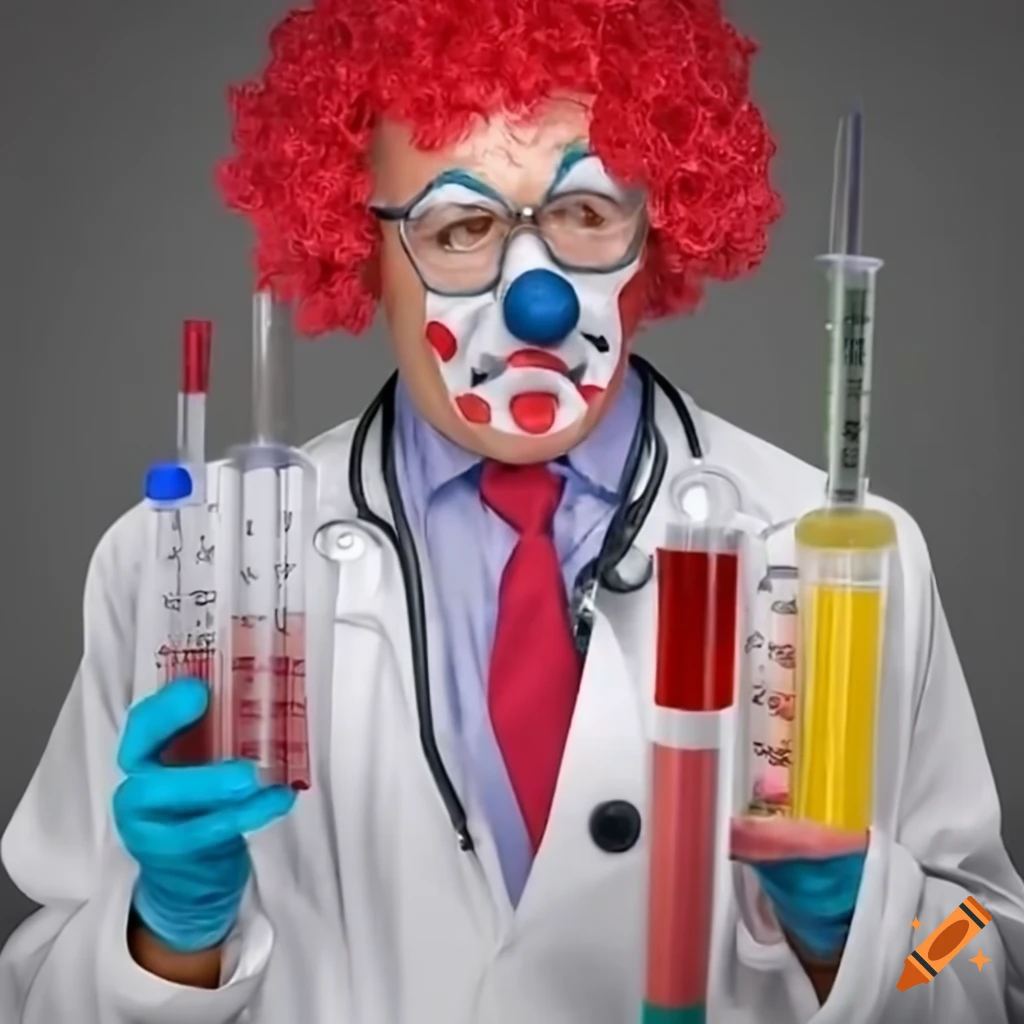 Satirical image of a clown scientist with test tubes on Craiyon