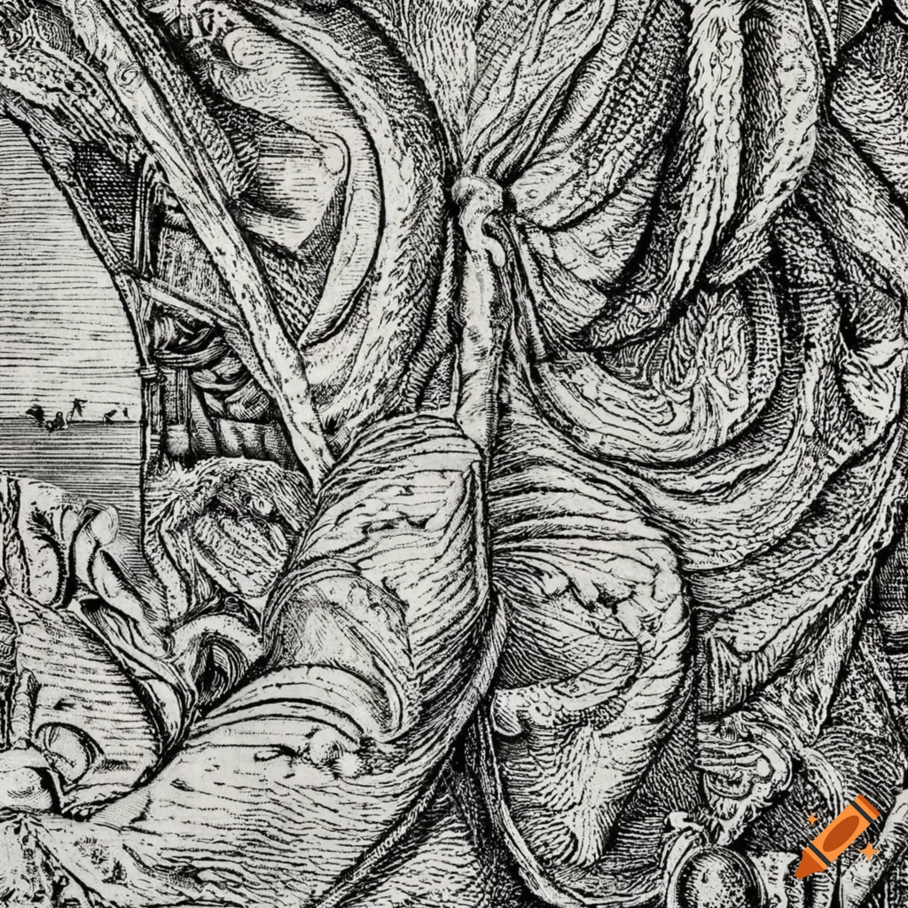 16th century engraving of silk fabric in flight on Craiyon