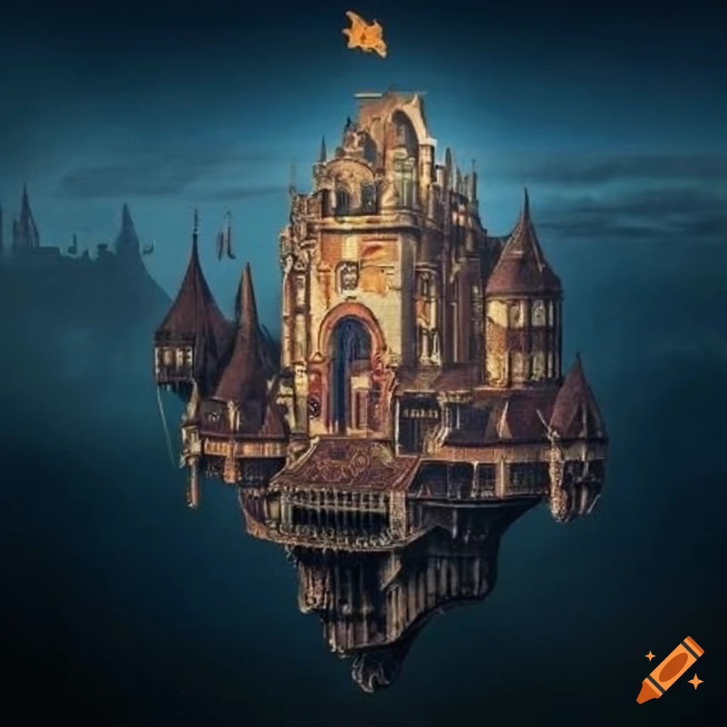 Medieval banner with emblem of a floating city on Craiyon