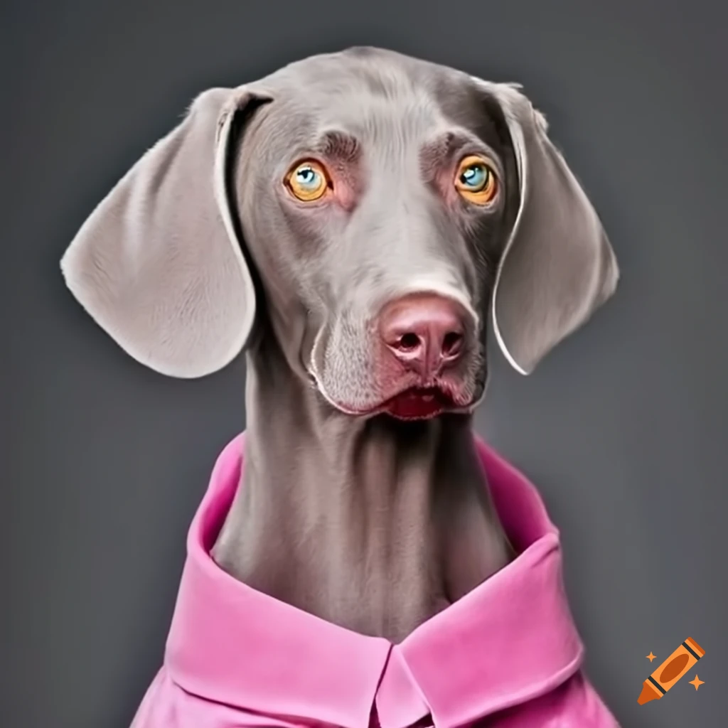 Weimaraner dog in a pink nurse's uniform