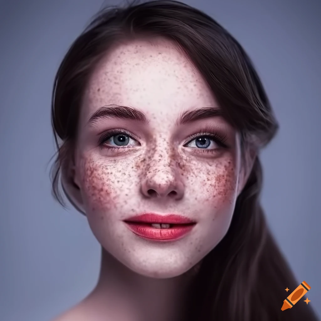 High resolution portrait of a beautiful young woman with freckles on ...
