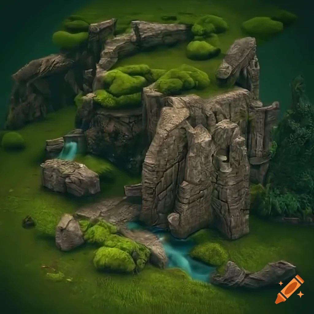 Overhead view of a moss-covered stone forest ruins in a fantasy rpg game on Craiyon