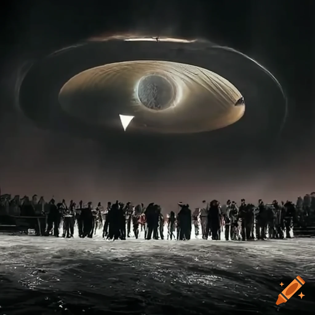 Artistic depiction of humans and monsters observing alien ships on Craiyon