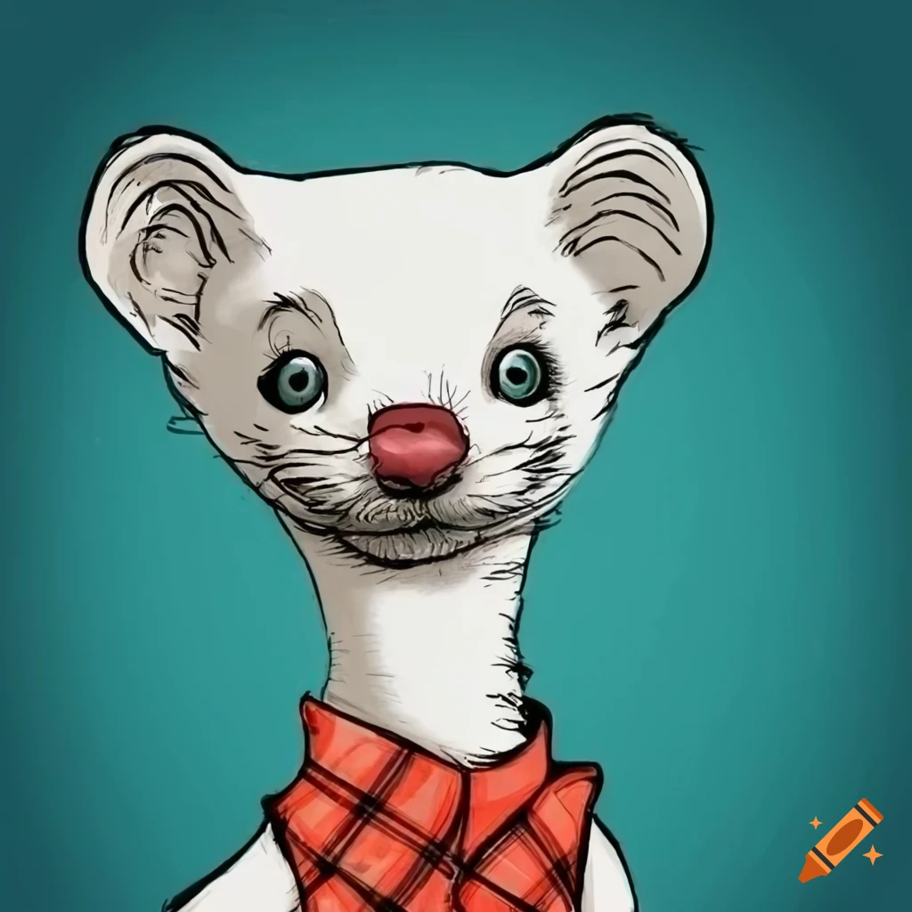 Illustration of a white weasel in a plaid waistcoat on Craiyon