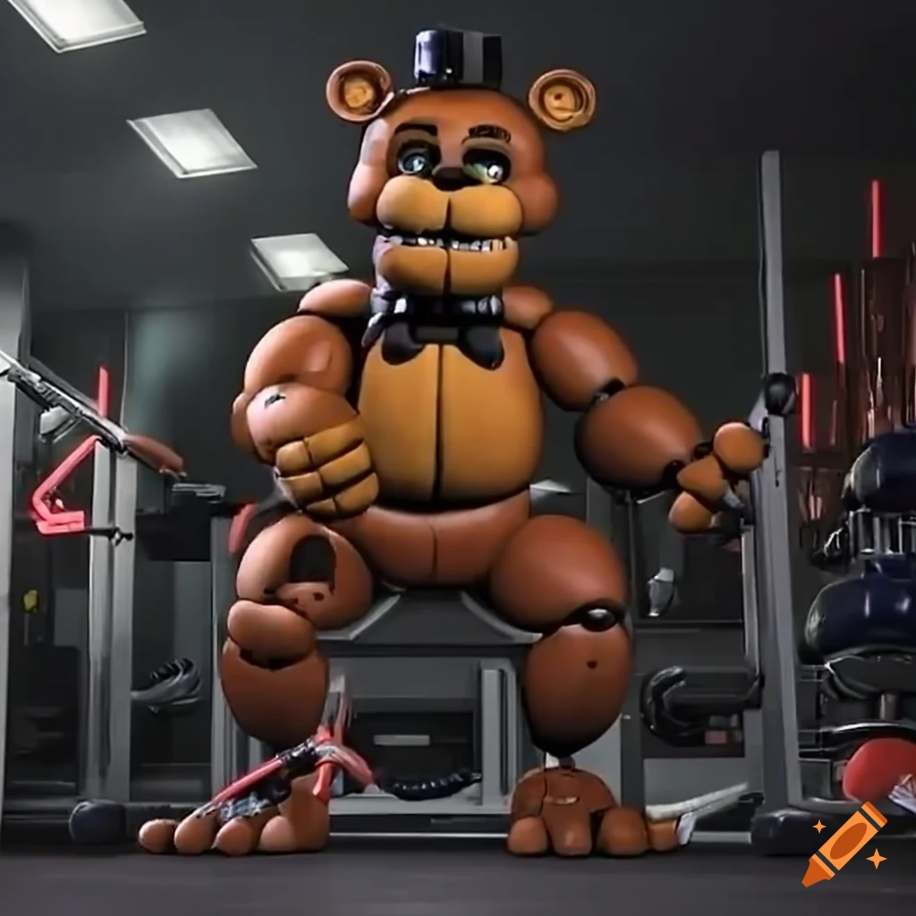 Freddy Fazbear working out at the gym on Craiyon