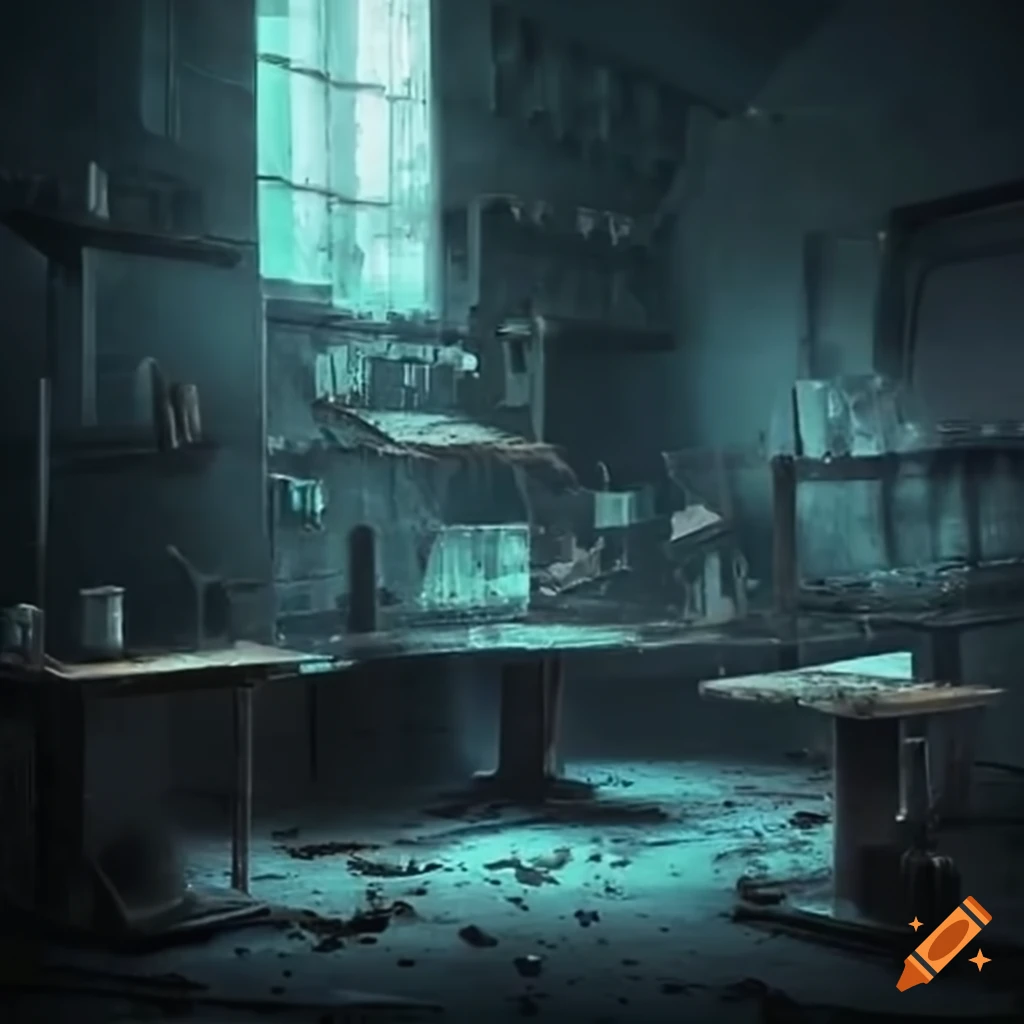 Image of a dusty laboratory with destroyed tables on Craiyon