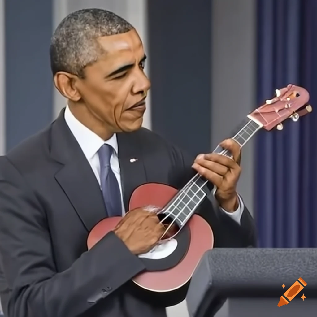 Obama playing the ukulele at a press conference on Craiyon