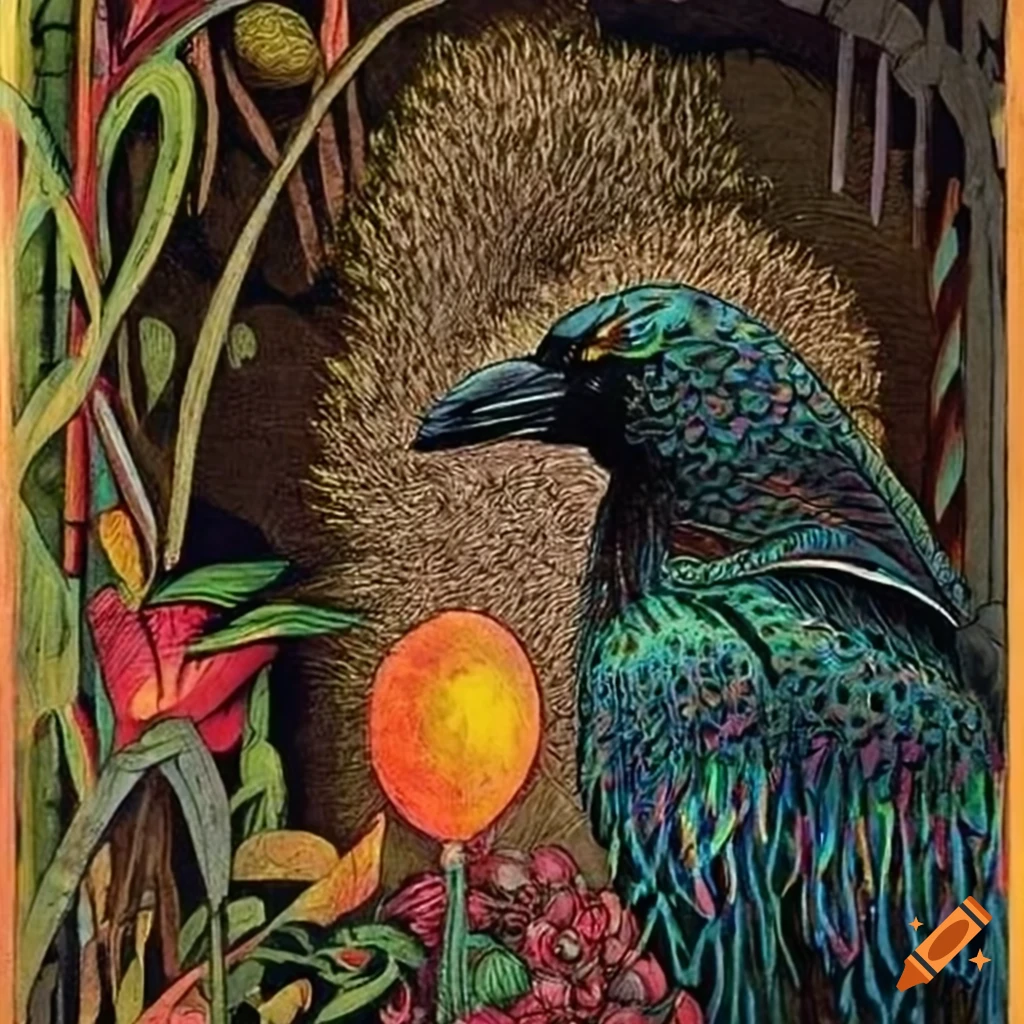 Illustration of a mysterious black raven wearing a colorful peacock ...