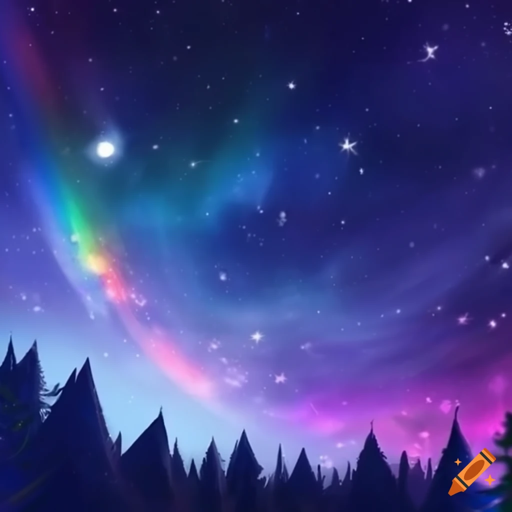 Anime style midnight sky with rainbow stars on Craiyon